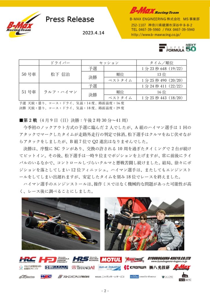 【チームレポート】B-Max Racing Team【RD1-2 FUJI SPEEDWAY】｜SUPER FORMULA 公式WEBサイト