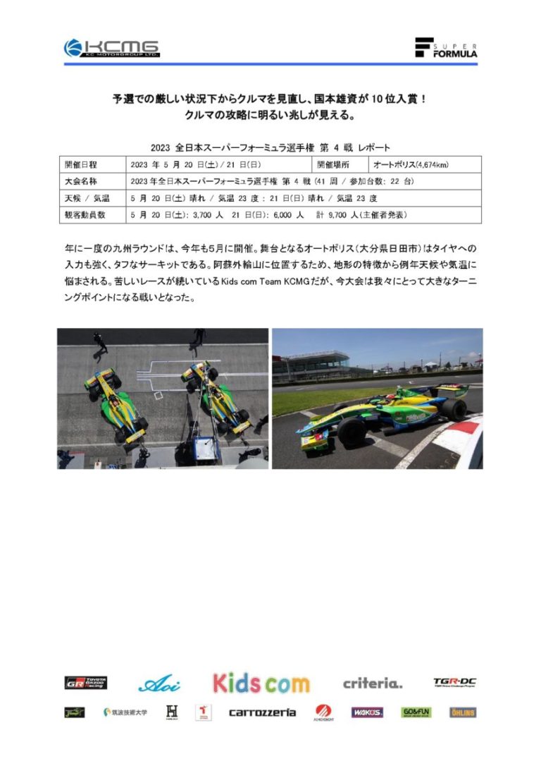 【チームレポート】Kids com Team KCMG【RD4 オートポリス】｜SUPER FORMULA 公式WEBサイト